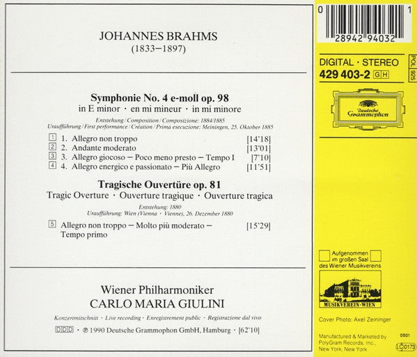 Buy Brahms* • Wiener Philharmoniker • Carlo Maria Giulini : Symphonie No. 4 / Tragische ...