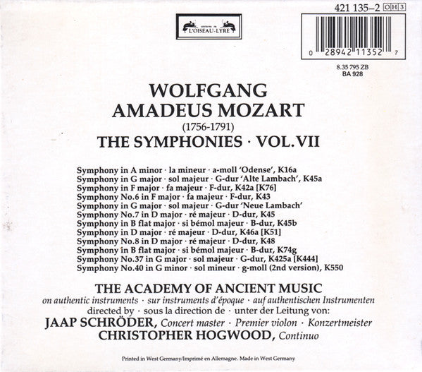 Buy Wolfgang Amadeus Mozart – The Academy of Ancient Music, Jaap Schröder, Christopher Hogwood ...