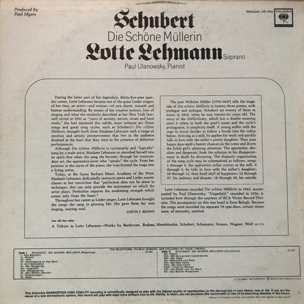 Buy Franz Schubert, Lotte Lehmann, Paul Ulanowsky : Die Schöne Müllerin ...